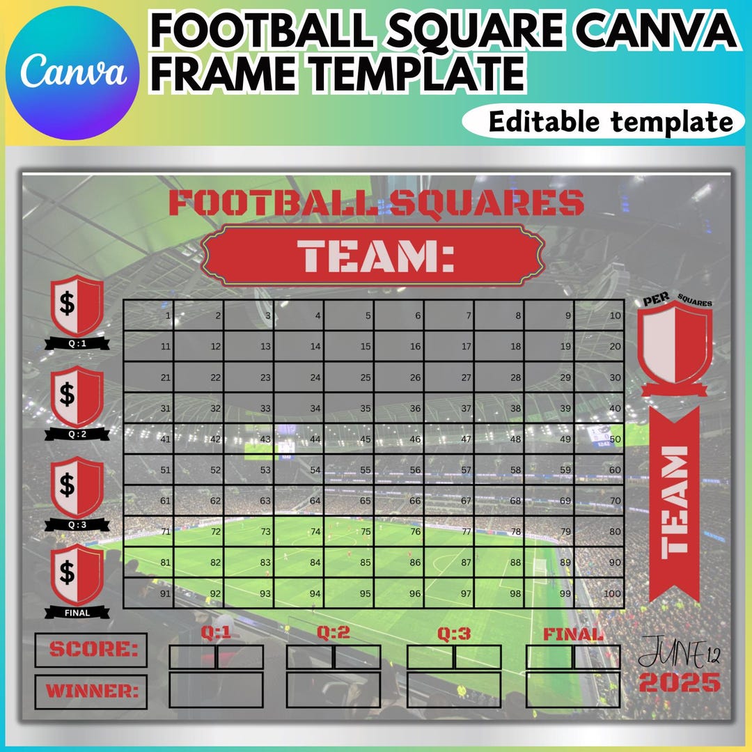 Football Squares Canva Editable Template, 100 Super Big Game Square ...
