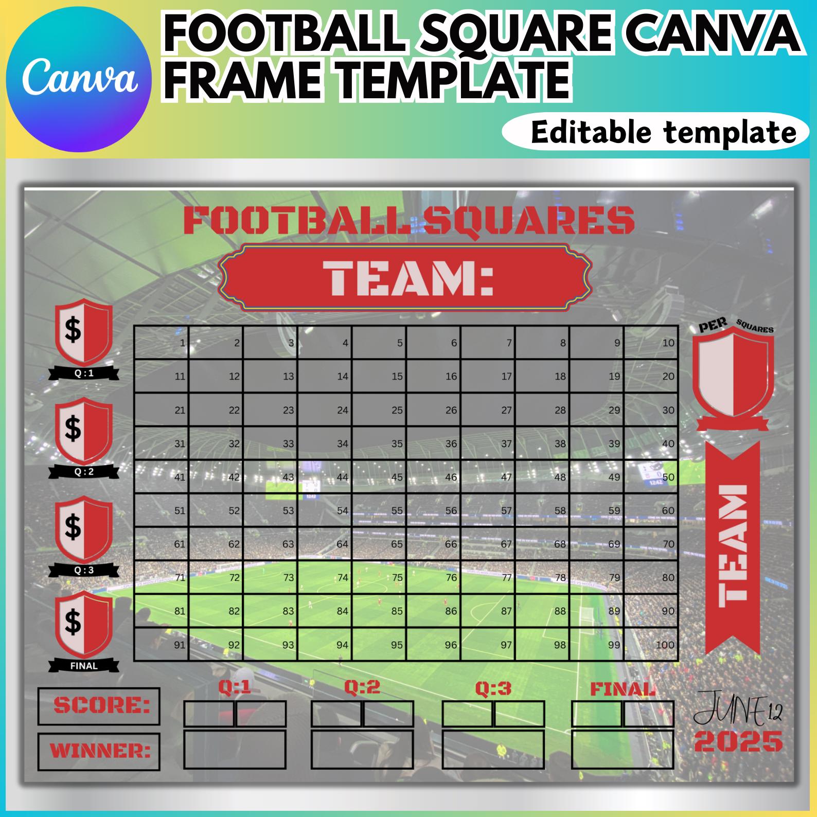Football Squares Canva Editable Template, 100 Super Big Game Square ...
