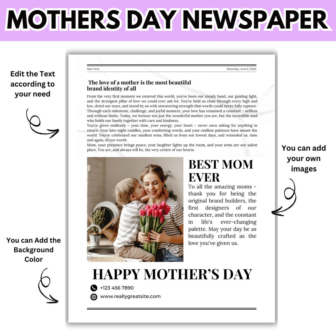 Mothers Day Newspaper Canva Editable Template, Mothers Day Gift Design ...