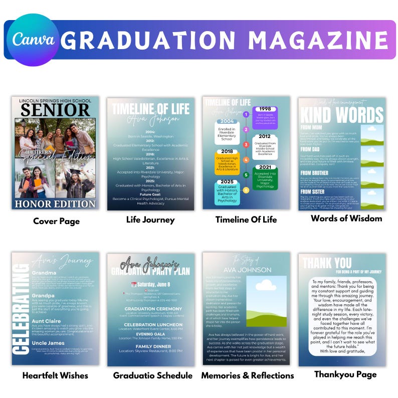 Graduation Magazine Booklet Canva Editable Template Bundle, 2025 Senior ...