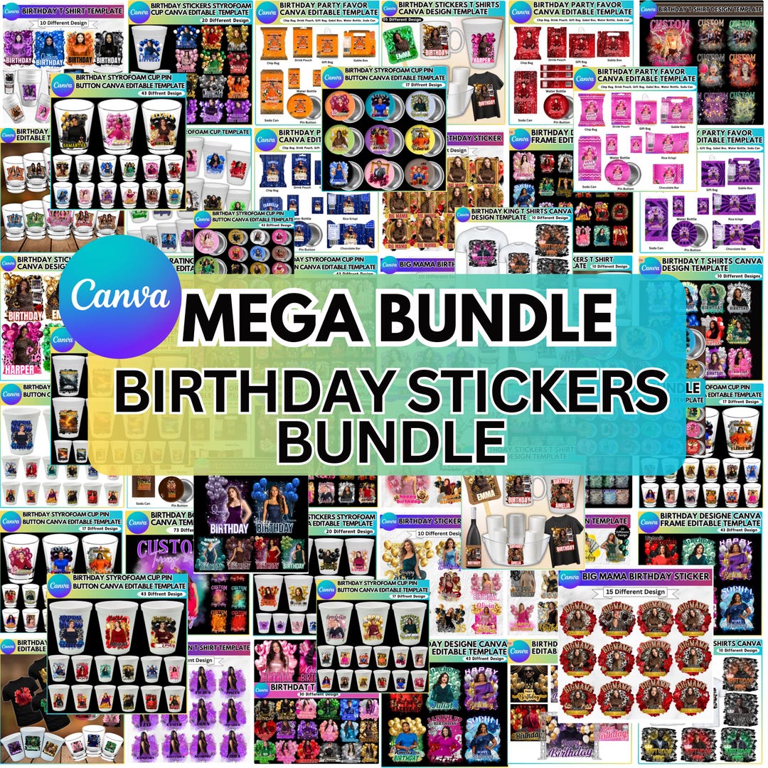 Birthday Sticker Canva Editable Mega Bundle Template, Birthday ...