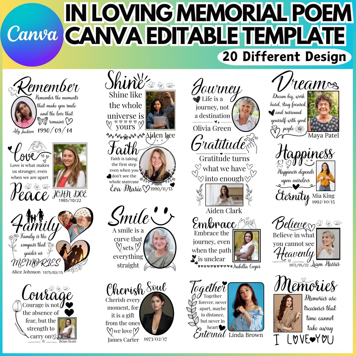 Memorial Quotes Poem Canva Editable Bundle, Memorial Poem Word, in ...