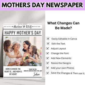 Mothers Day Newspaper Canva Editable Template, Mothers Day Gift Design ...
