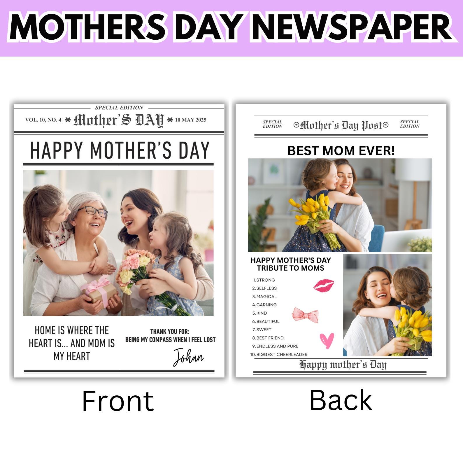 Mothers Day Newspaper Canva Editable Template, Mothers Day Gift Design ...