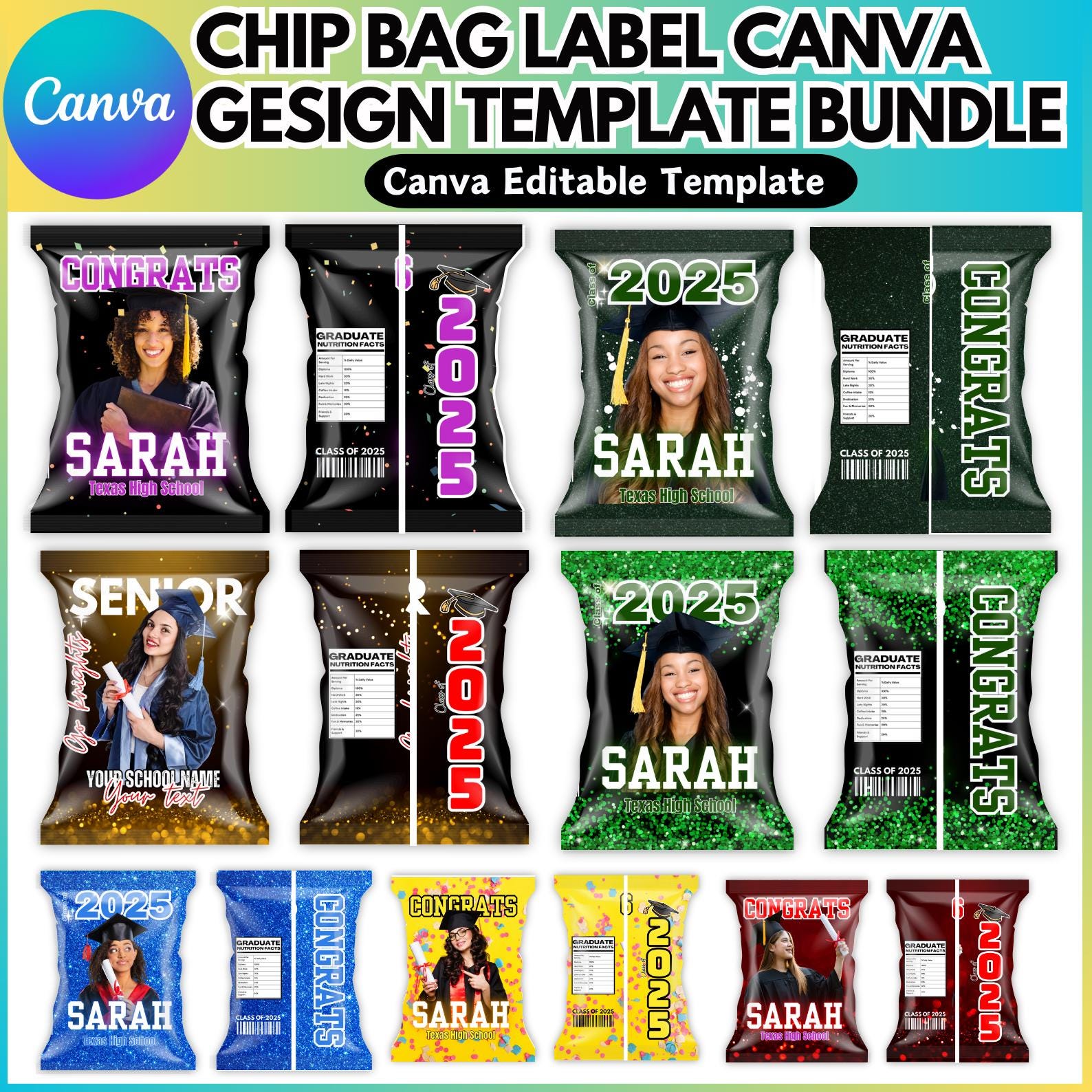 Graduation Chip Bag Canva Editable Templates Bundle, Grad Party Favor ...