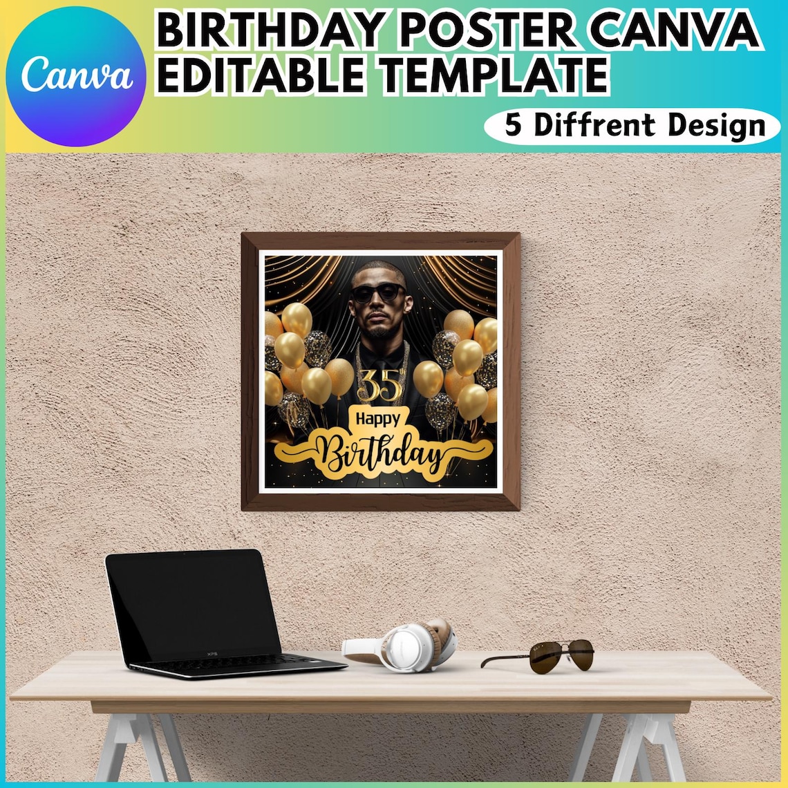 Birthday Backdrop Canva Editable Template, Green and Orange Birthday ...