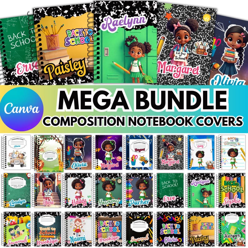 Composition Book Cover Mega Bundle, Canva Composition Notebook Design ...