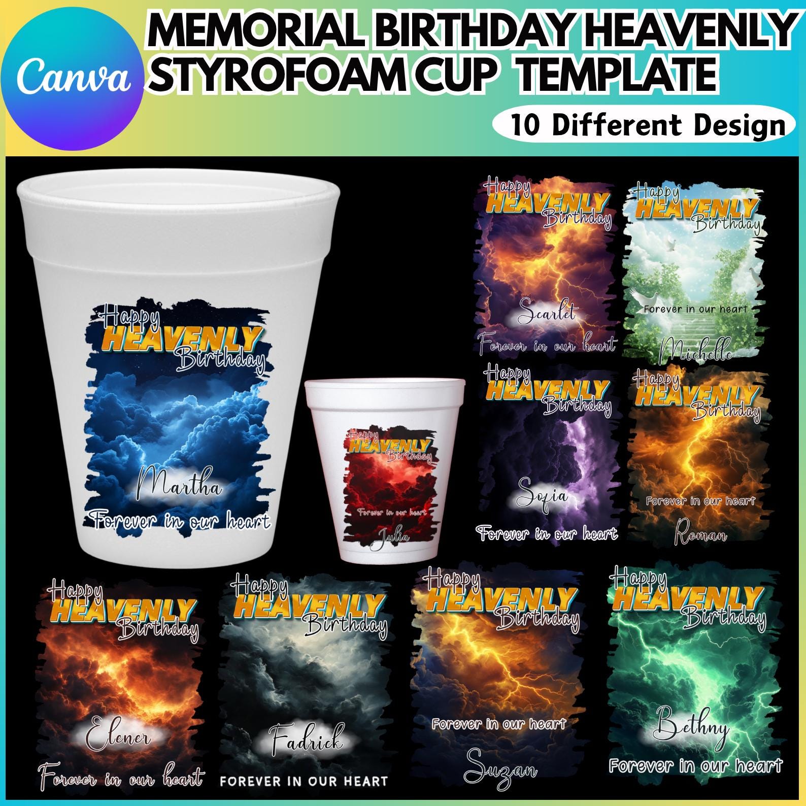 Heavenly Birthday Cup Sticker Canva Editable Template, Heavenly ...