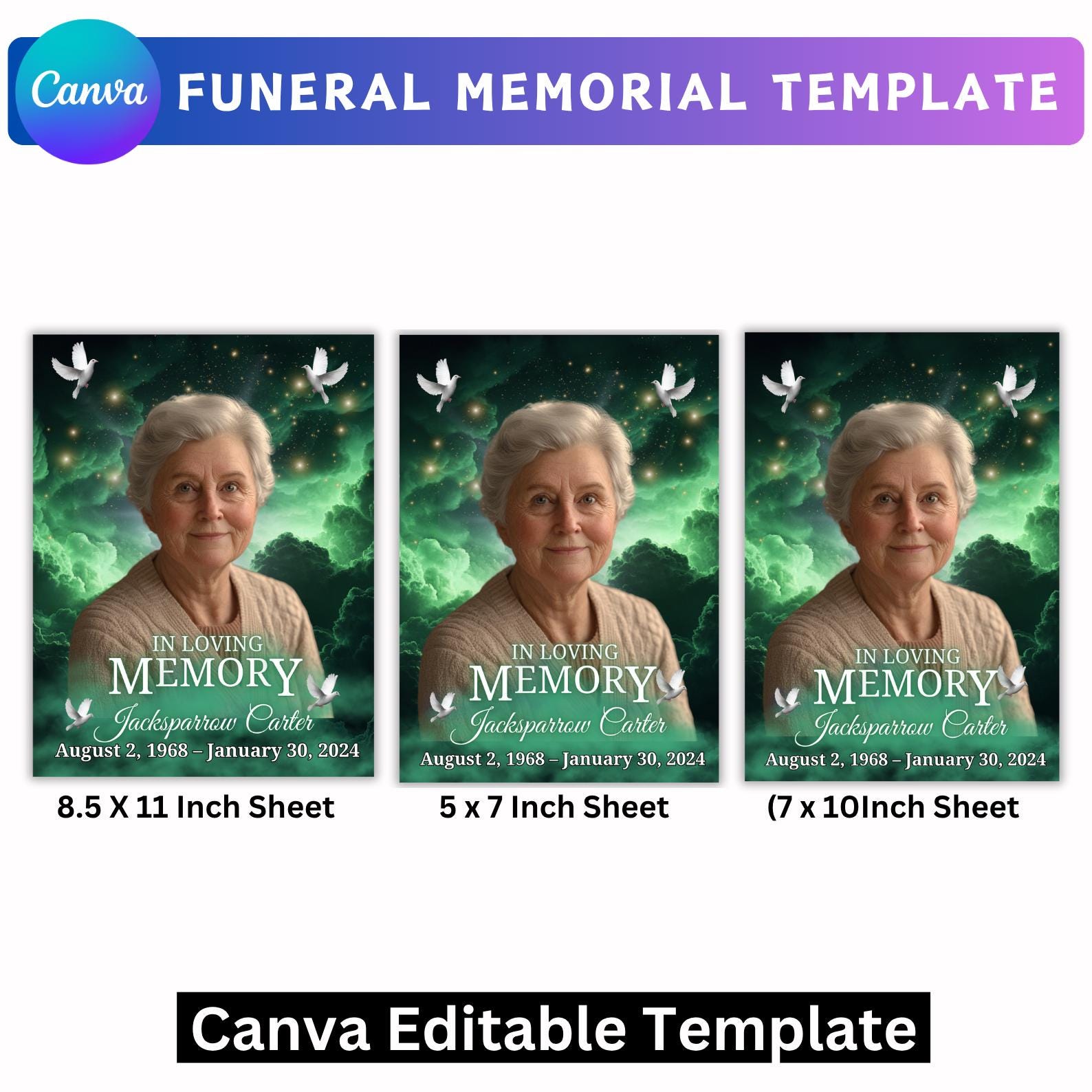 Green Funeral Program Canva Template, Obituary Design, Celebration of ...