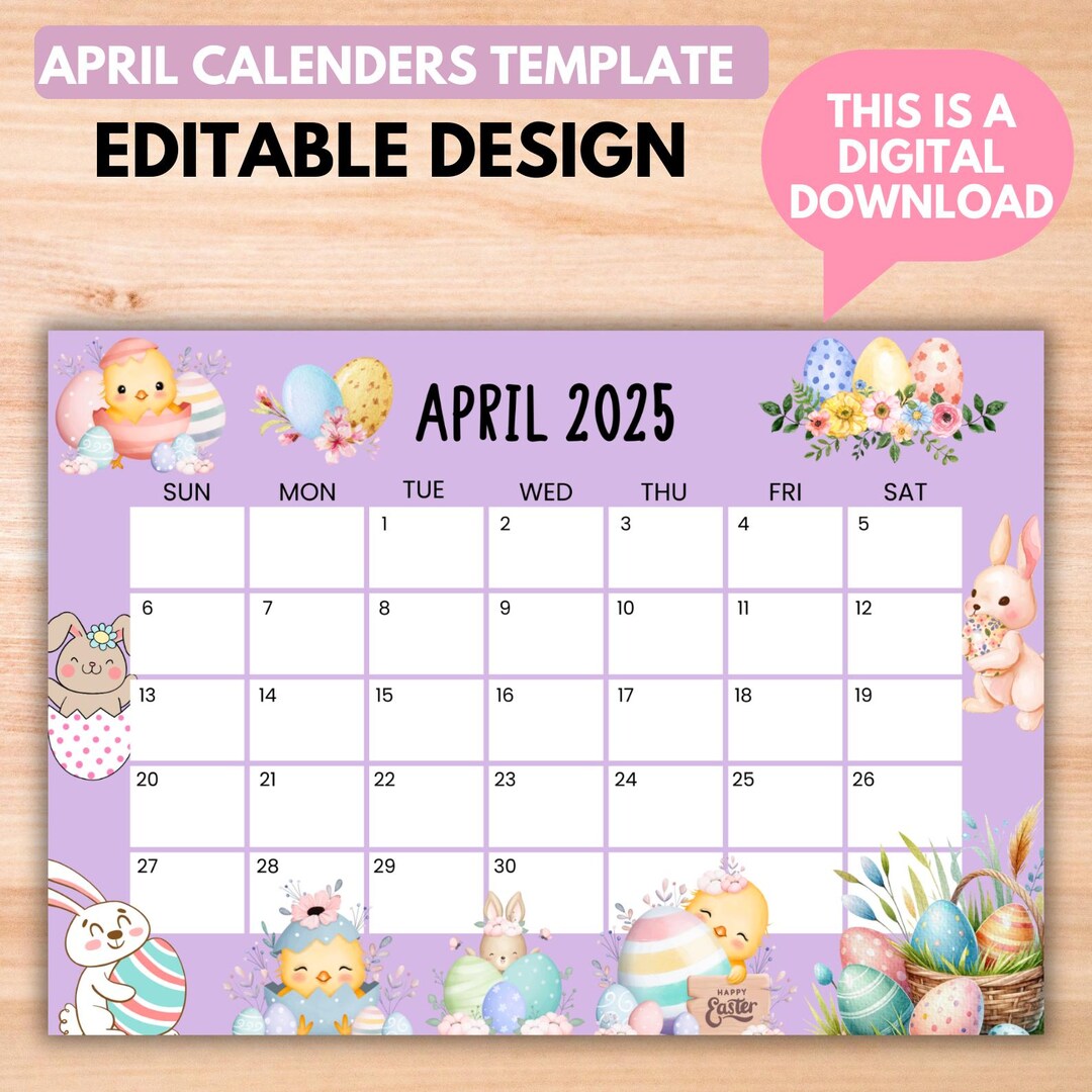 April Calendar Editable Template, Happy Ester Printable, Easter Bunny ...