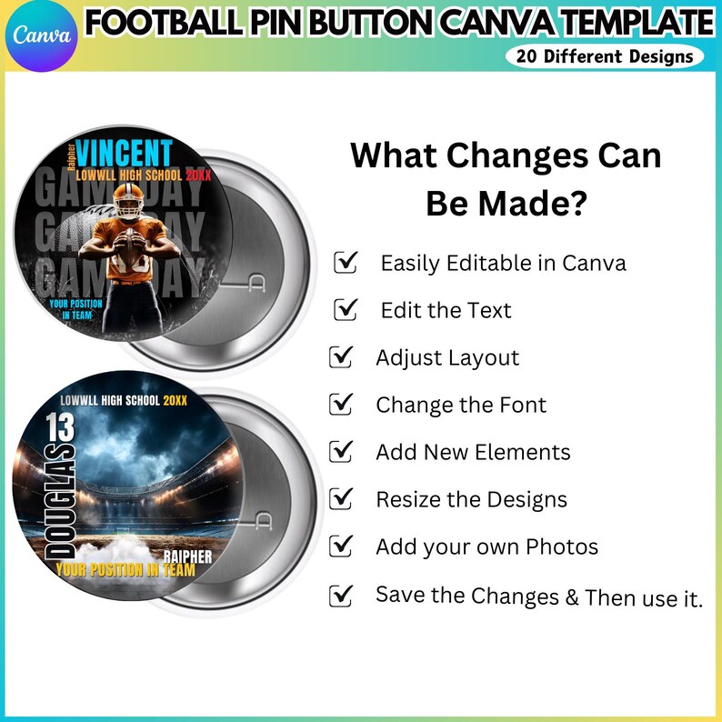 Football Pin Button Canva Template, Editable Game Day Buttons, Custom ...