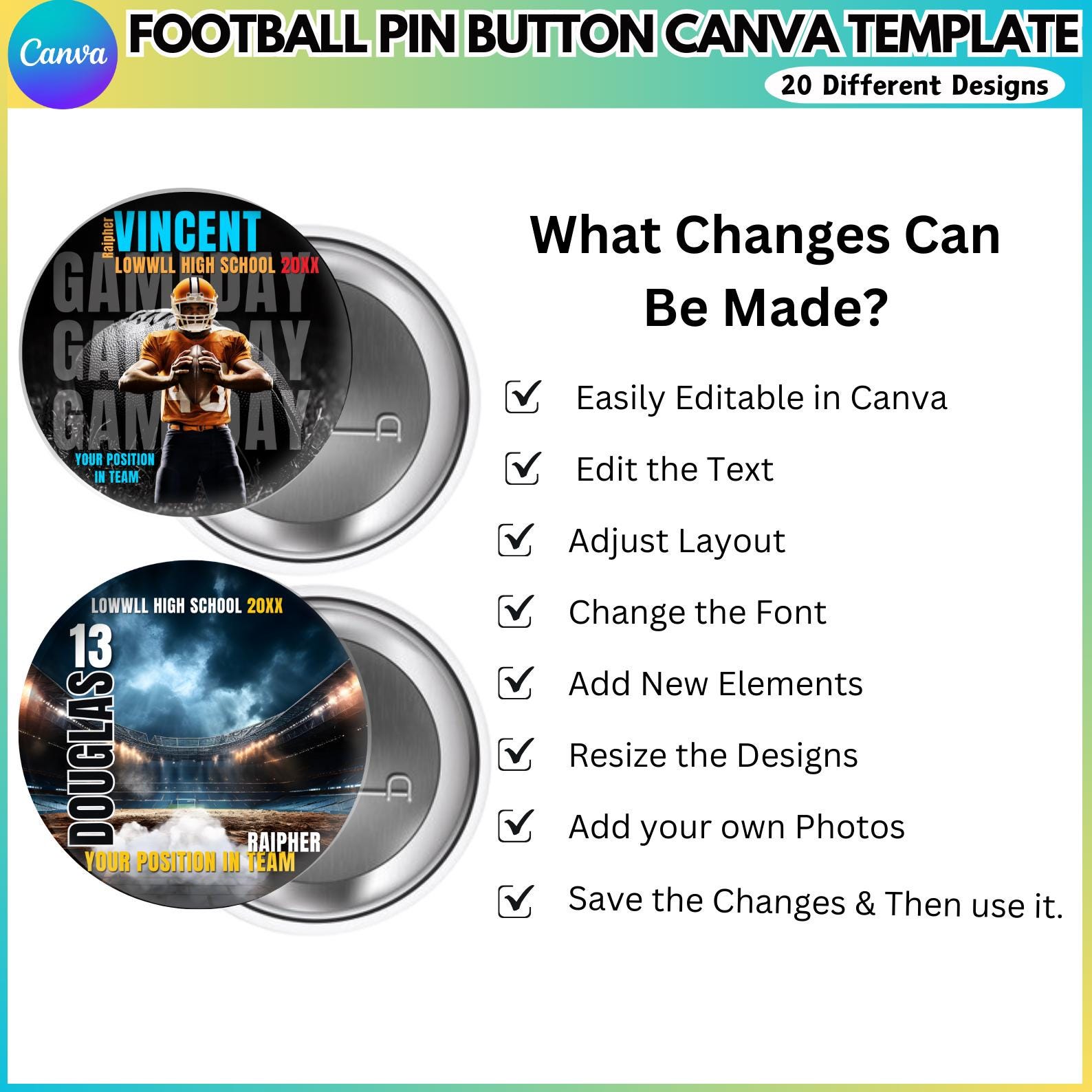 Football Pin Button Canva Template, Editable Game Day Buttons, Custom ...