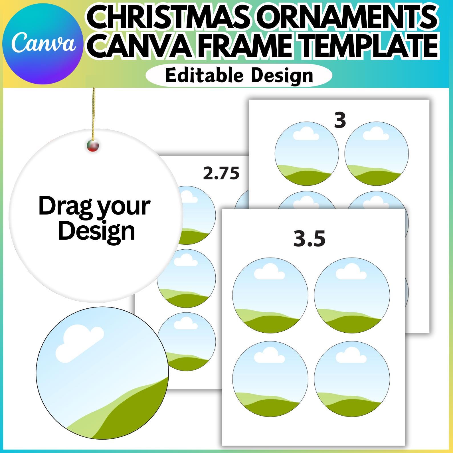 3 Inch Christmas Round Ornament Canva Editable Bundle Template , Merry ...