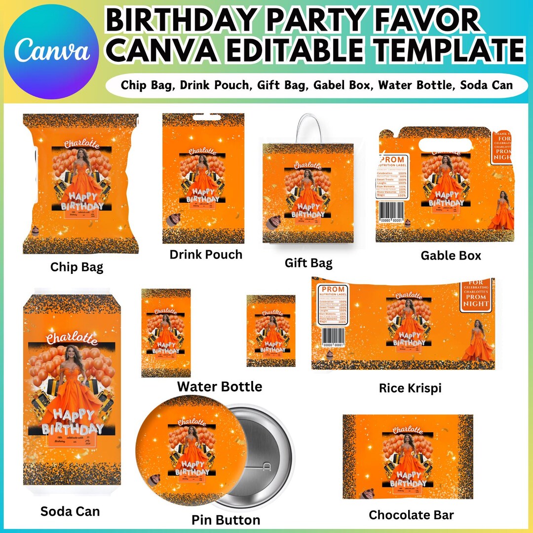 Orange Birthday Party Favor Design Bundle, Party Favor Pack, Birthday ...