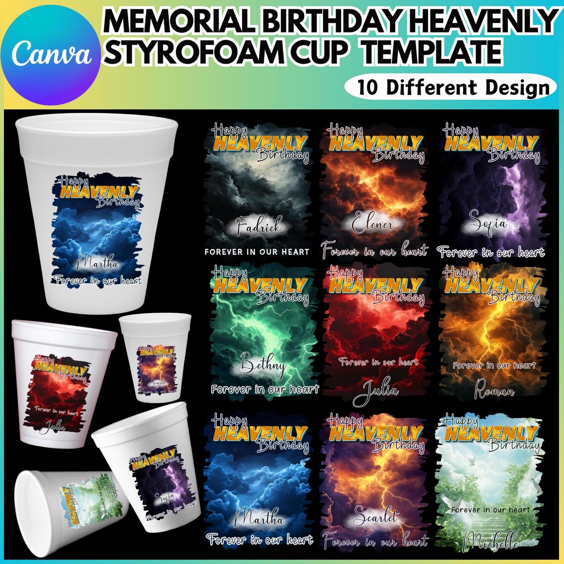Heavenly Birthday Cup Sticker Canva Editable Template, Heavenly ...