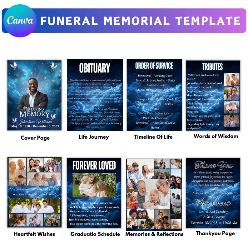 Blue Funeral Program Canva Template, 03 Different Sizes Obituary Design ...