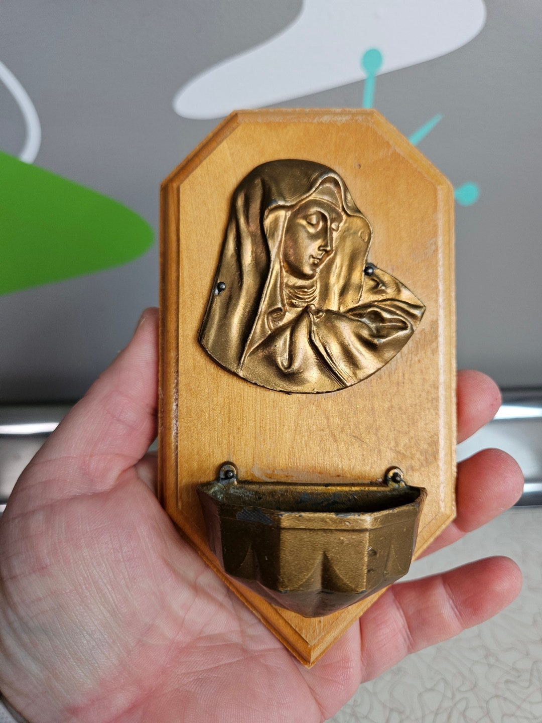 Antique Icon Virgin Mary Wood Metal Brass Hanging Religious Holy Water ...