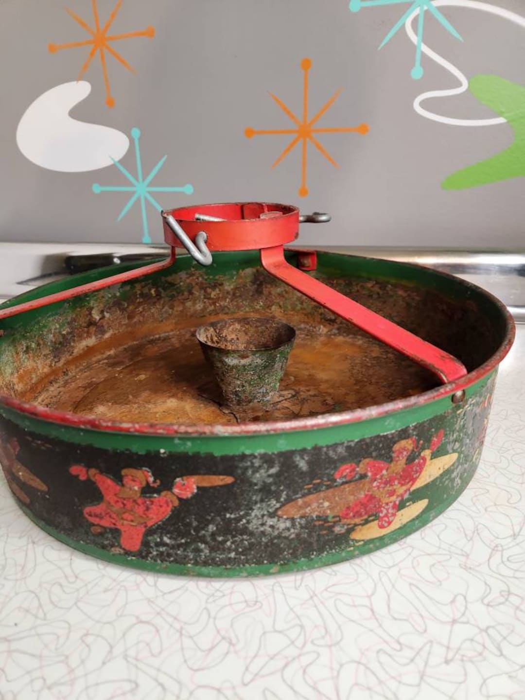 Antique Christmas Tree Stand, Vintage Nesco Dancing Santa Clause Metal ...