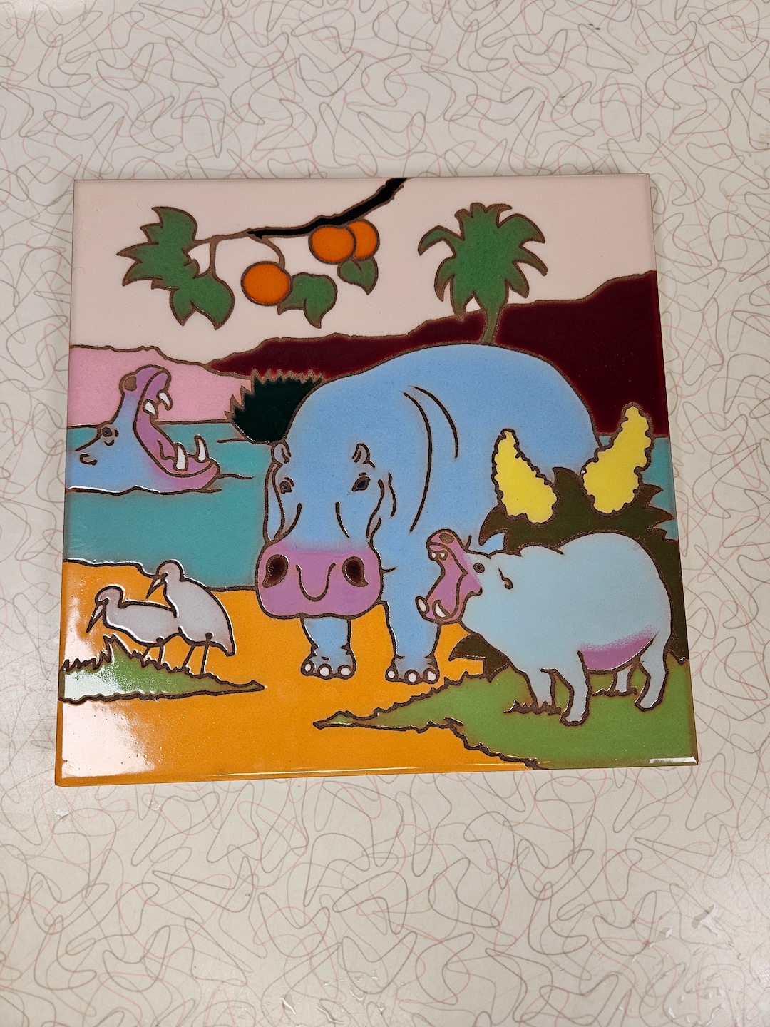 Vintage Hippos Arius Santa Fe Art Tile, 1988, Wall Decor, Trivet, Mid ...