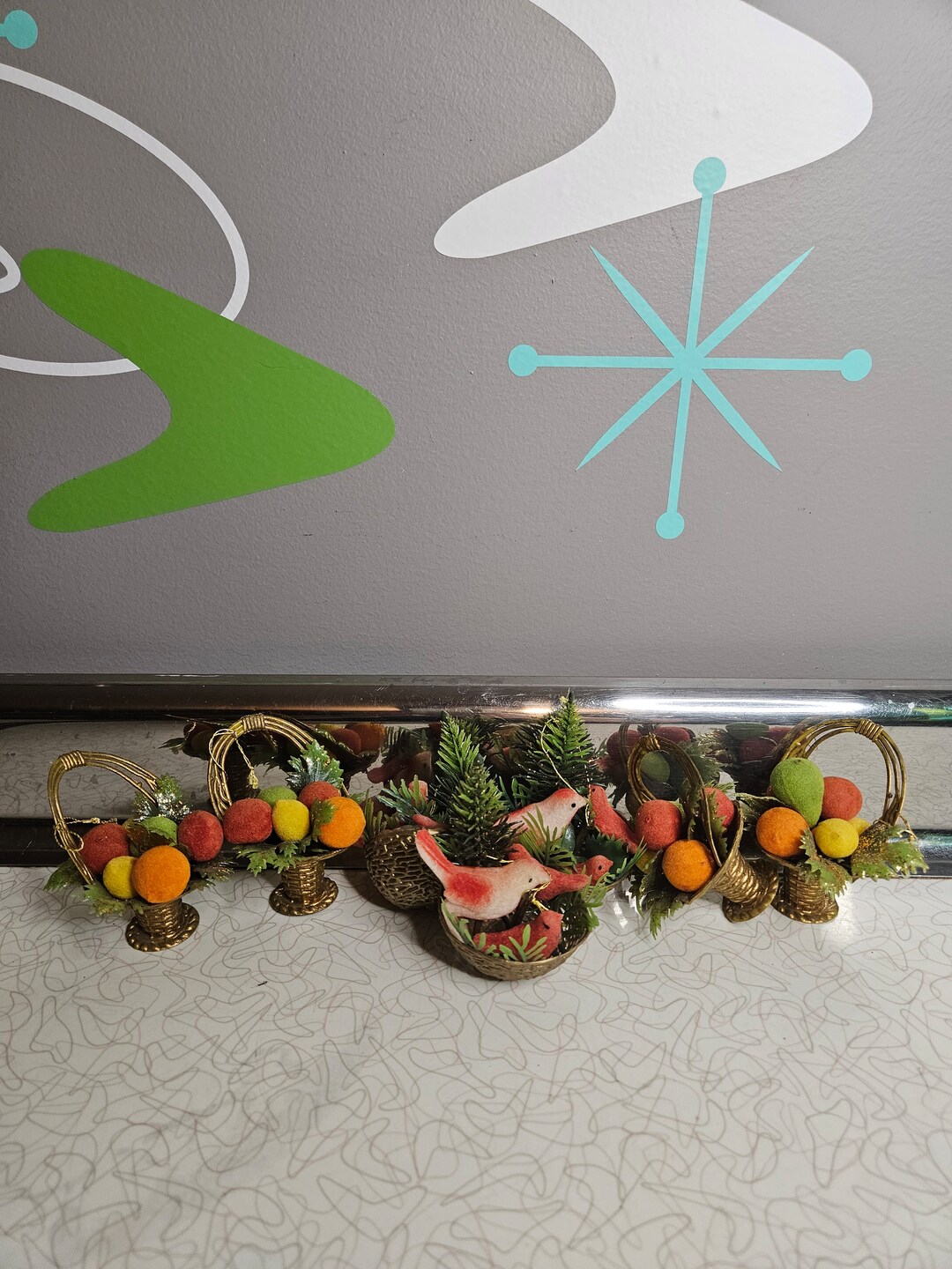 Vintage Double Glo Christmas Ornaments, Flocked Fruit in Gold Baskets ...