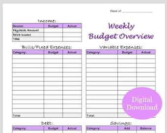 Monthly Budget Overview Template Printable purple - Etsy