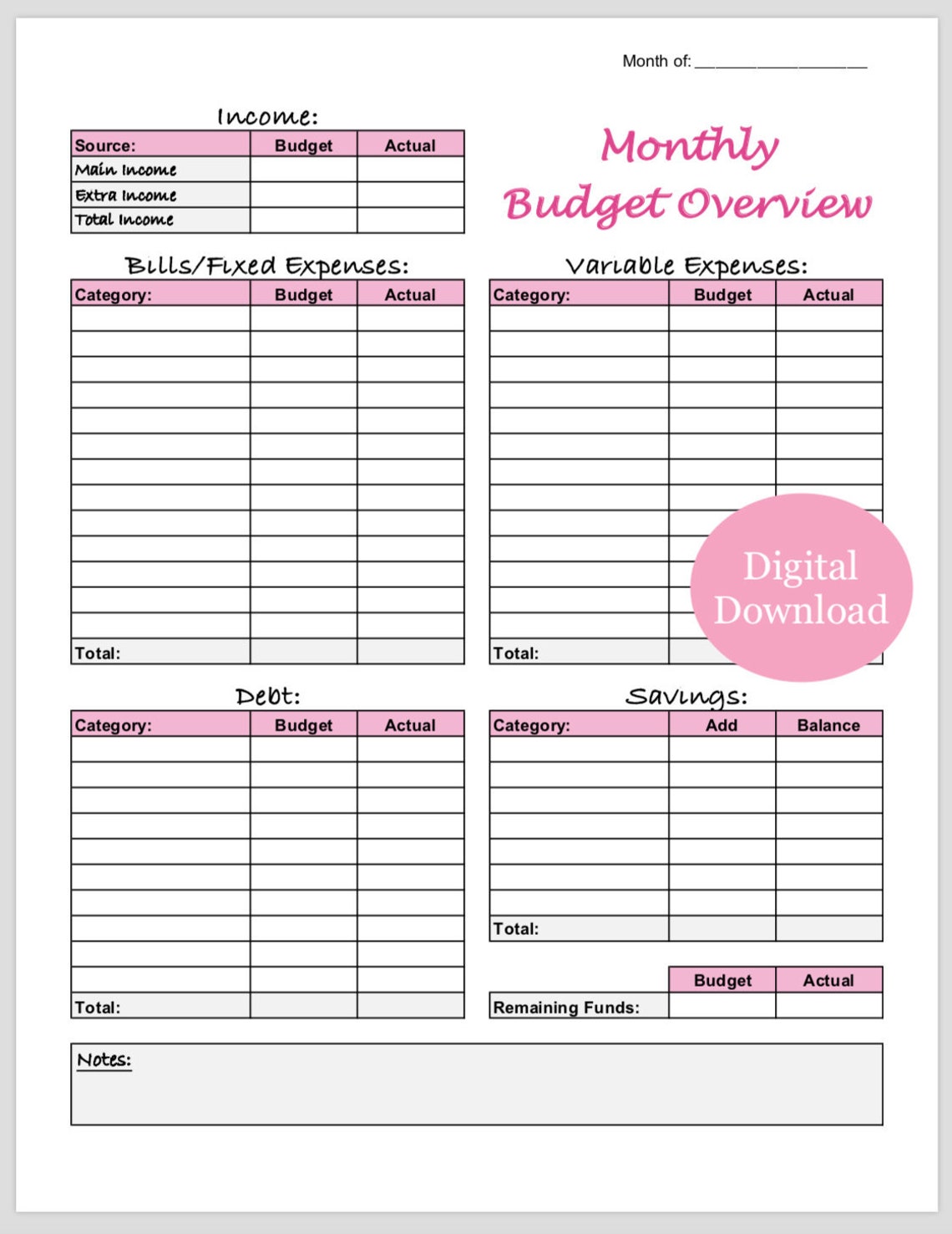 Monthly Budget Overview Template Printable (pink) - Etsy