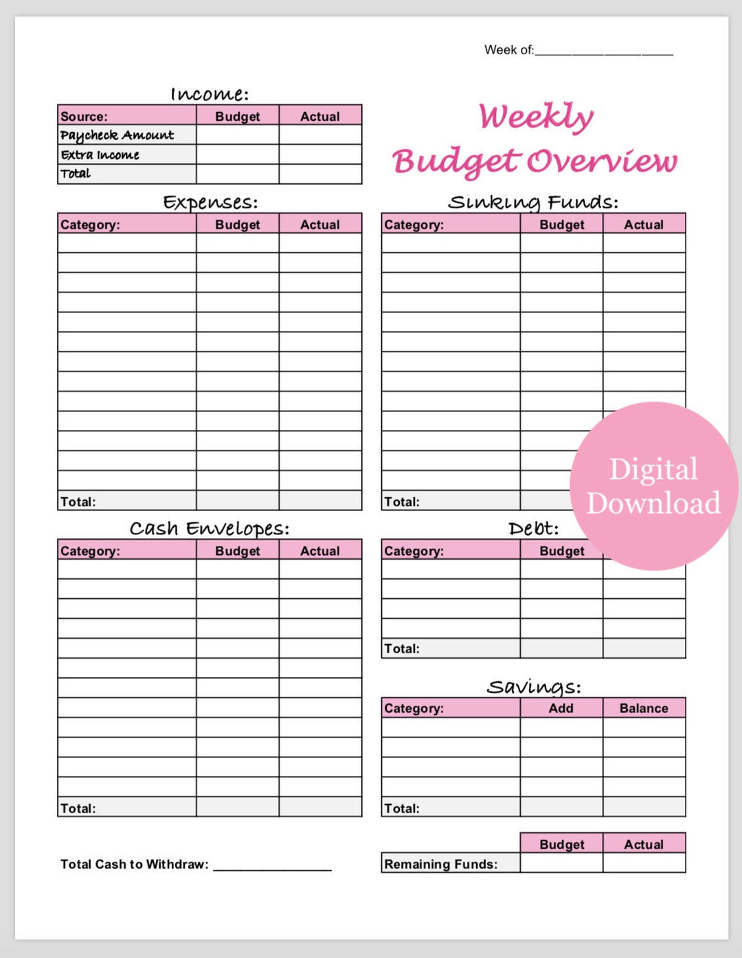 Weekly Budget Template Printable for Cash Envelopes and Sinking Funds ...