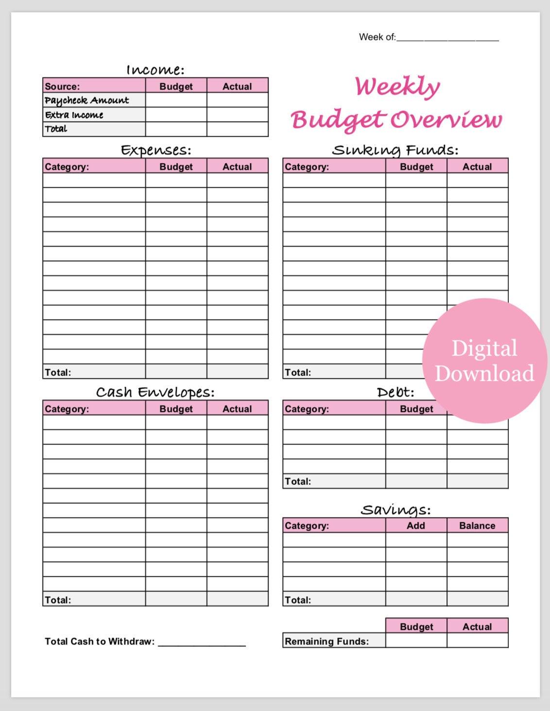 Weekly Budget Template Printable for Cash Envelopes and Sinking Funds ...