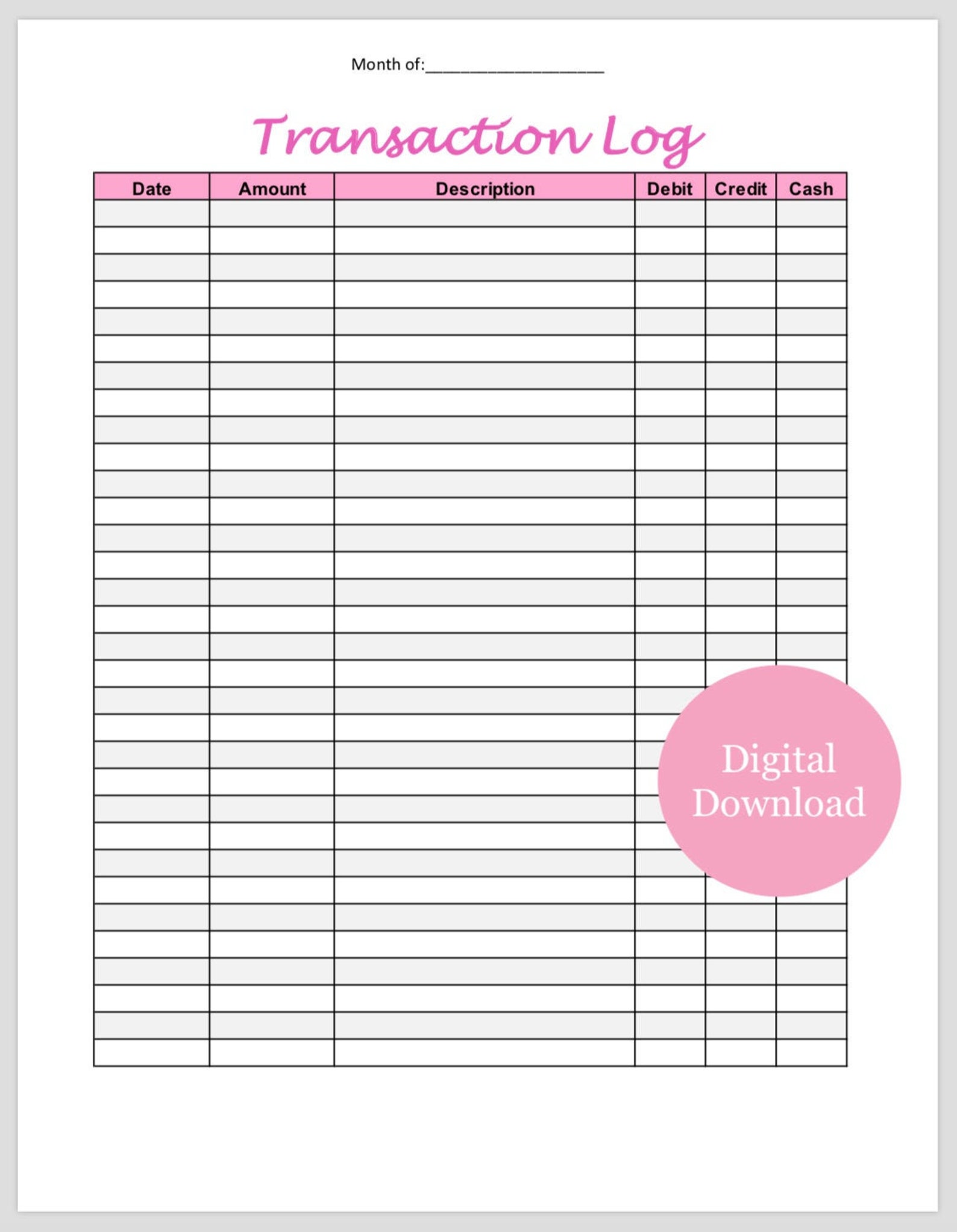 Transaction Log Printable (pink) - Etsy