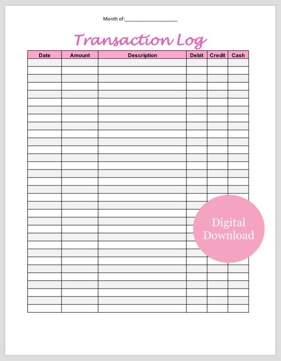 Transaction Log Printable Pink | Etsy