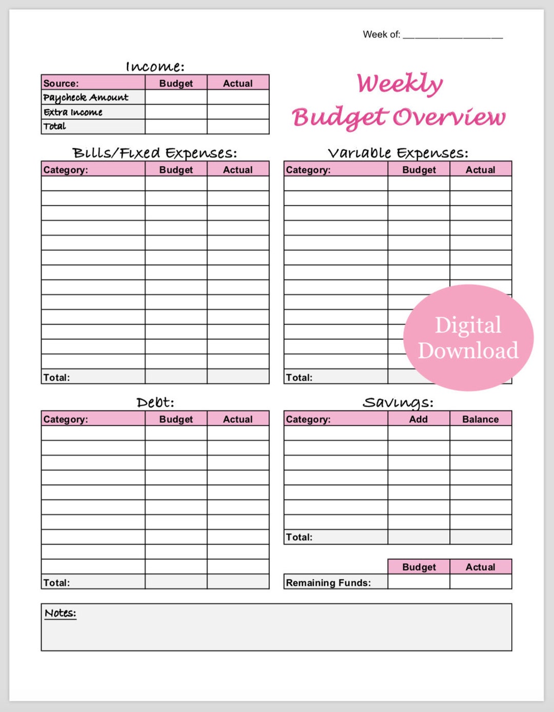 Weekly Budget Overview Template Printable (pink) - Etsy