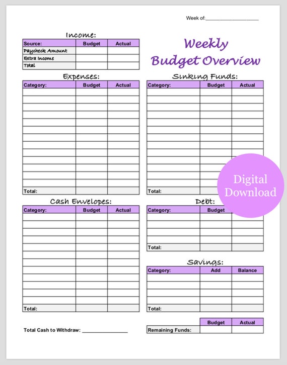 Weekly Budget Template Printable for Cash Envelopes and | Etsy Australia