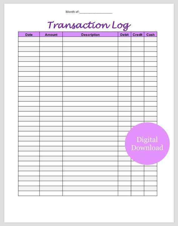 Transaction Log Printable purple | Etsy