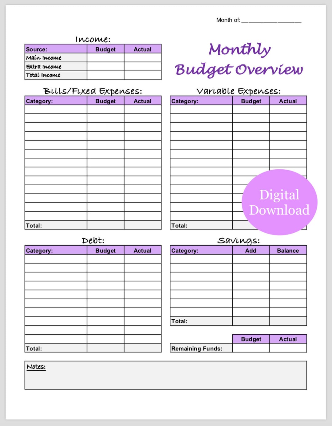 Monthly Budget Overview Template Printable (purple) - Etsy