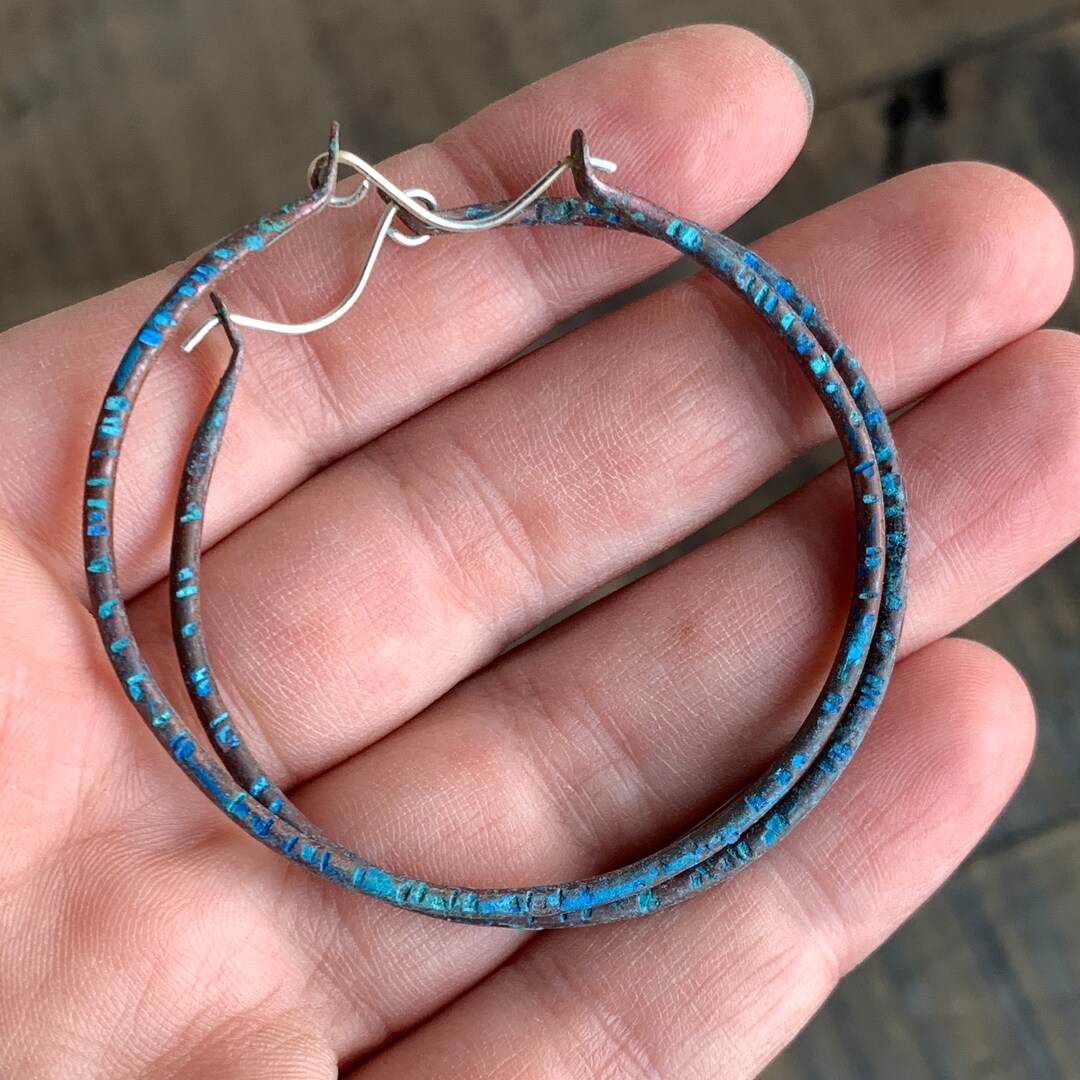 Blue Hoop Earrings Oxidised Copper Patina Earrings Rustic Earrings