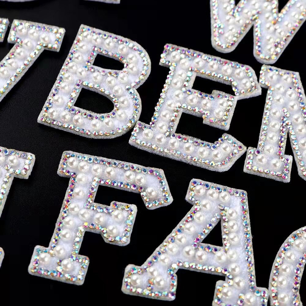 White Pearl Rhinestone Sparkle Letter Patches， Alphabet Embroidered ...
