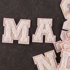 Iron on Chenille Pink Letter Patch, Pink With Gold Trim Patch, Iron on ...