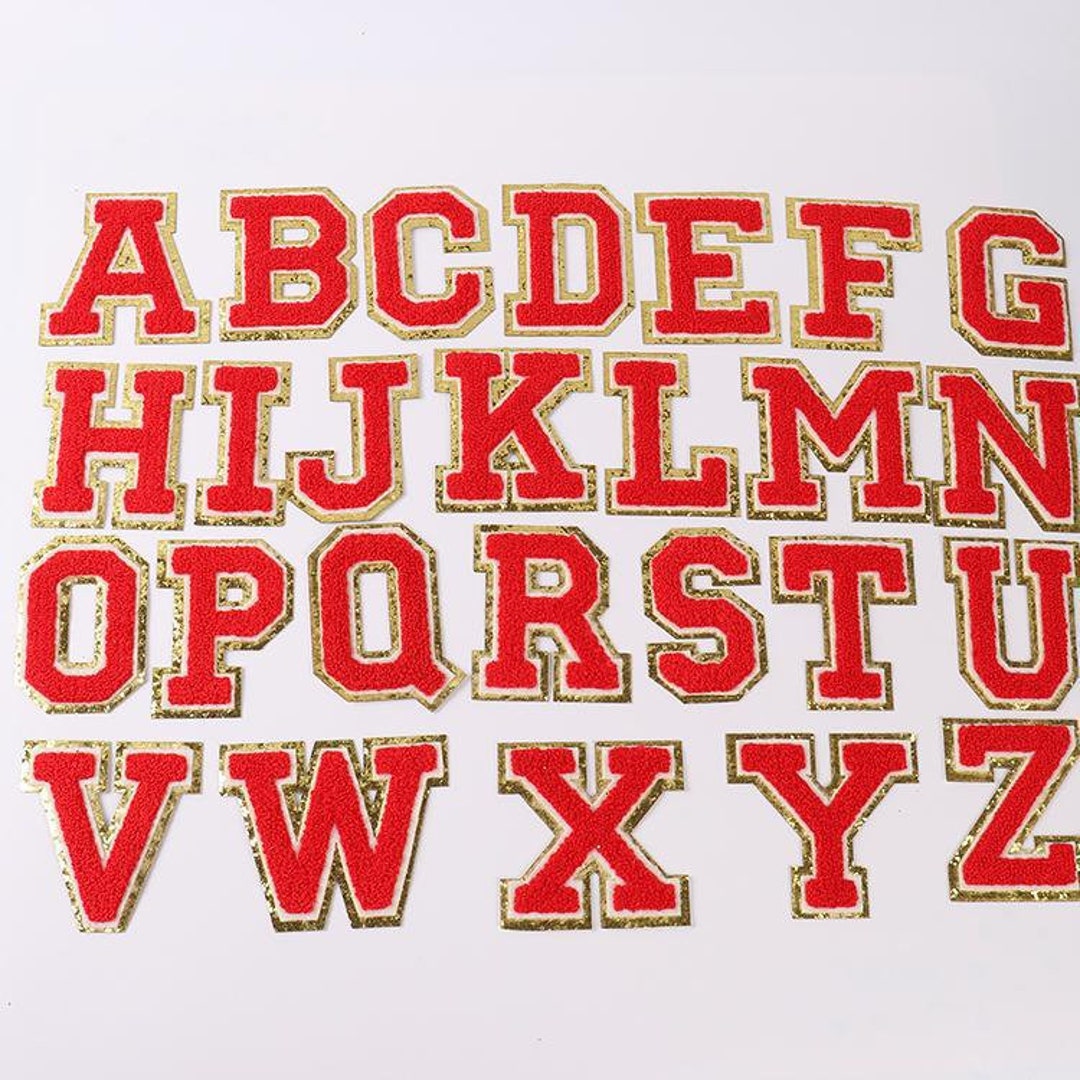 3.2 Inch Red Chenille Letters, Iron on Gold Glitter Letters , Iron on ...