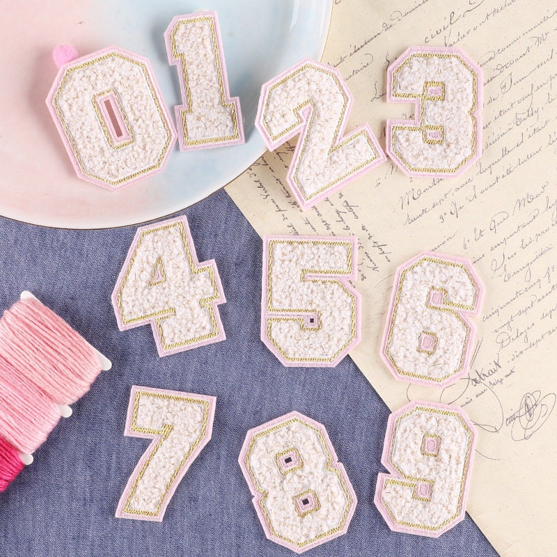 Iron on Chenille Number 0-9 Patch Patch, Pink With Gold Trim Patch ...
