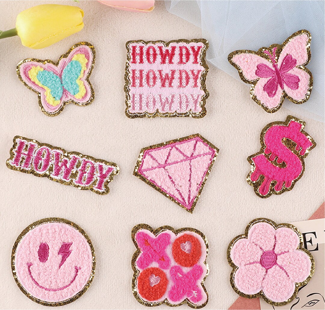 Pink Chenille Embroidered Glitter Patch, PINK Girly Fun Patches, Fun ...