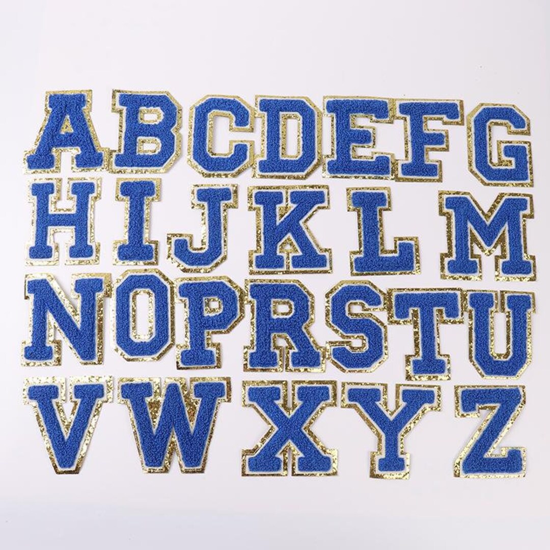 3.2" Royal Blue Chenille Letters, Iron on Gold Glitter Letters , Iron ...