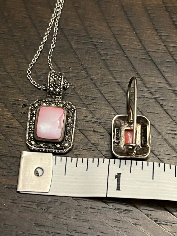 Vintage Sterling Pink MOP and Marcasite Pendant and E… - Gem