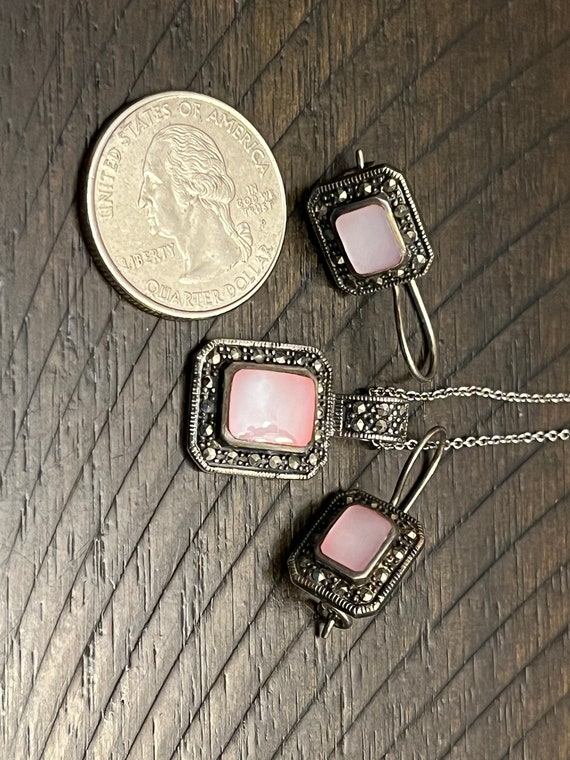 Vintage Sterling Pink MOP and Marcasite Pendant and E… - Gem