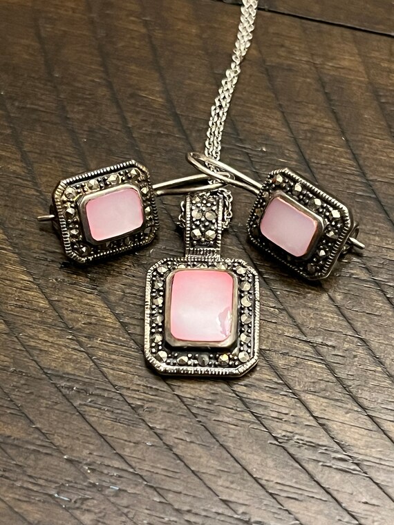 Vintage Sterling Pink MOP and Marcasite Pendant and E… - Gem
