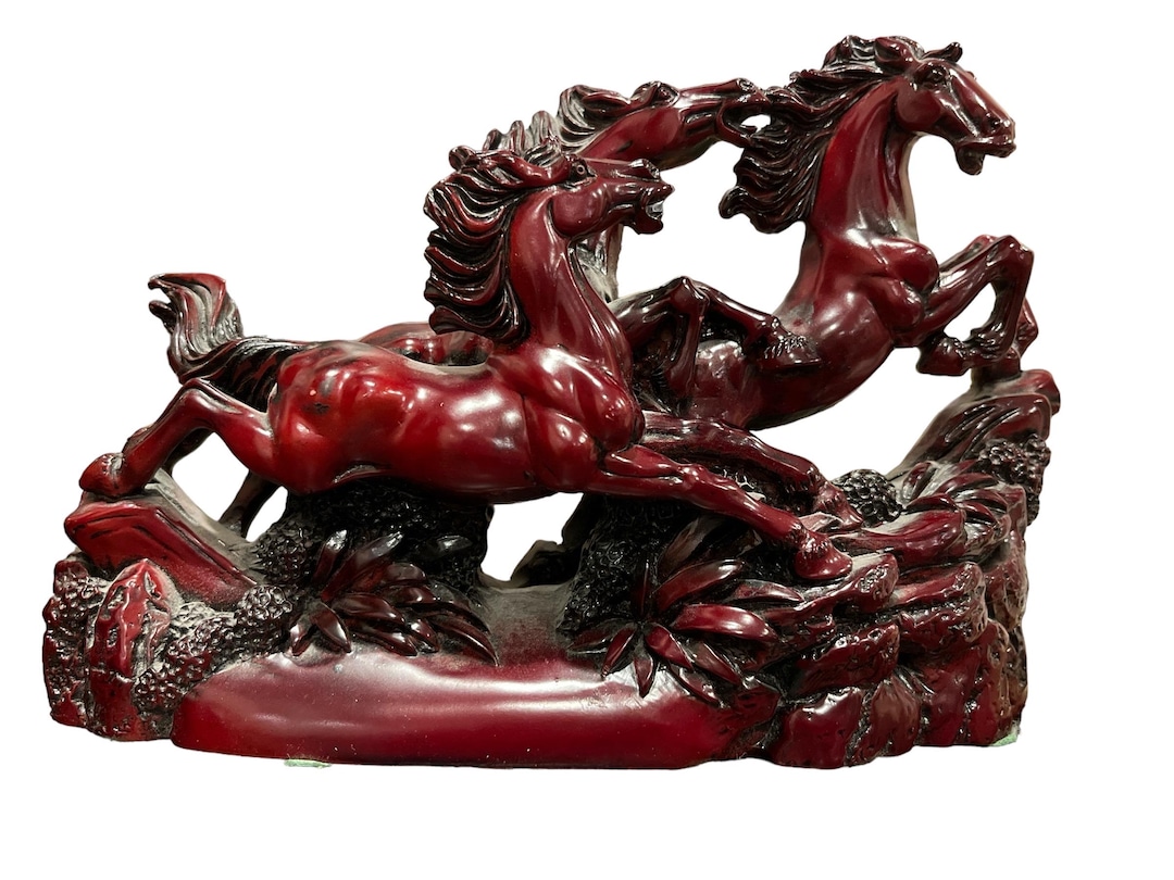 Vintage Chinese Red Resin Horse Sculpture; Galloping Stallions ...