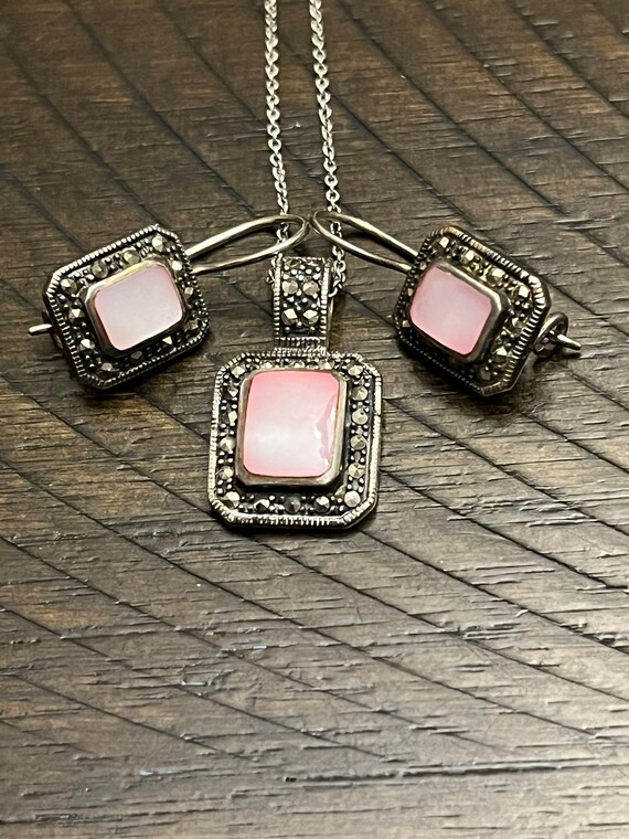 Vintage Sterling Pink MOP and Marcasite Pendant and E… - Gem