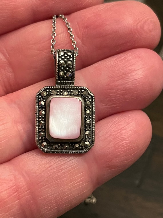 Vintage Sterling Pink MOP and Marcasite Pendant and E… - Gem