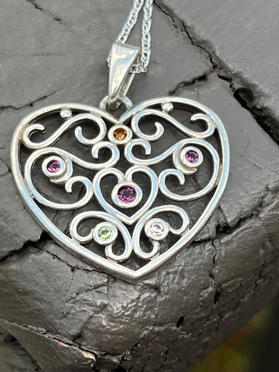 Vintage Sterling Silver Filigree Heart Pendant: Multi-stone Accent - Etsy