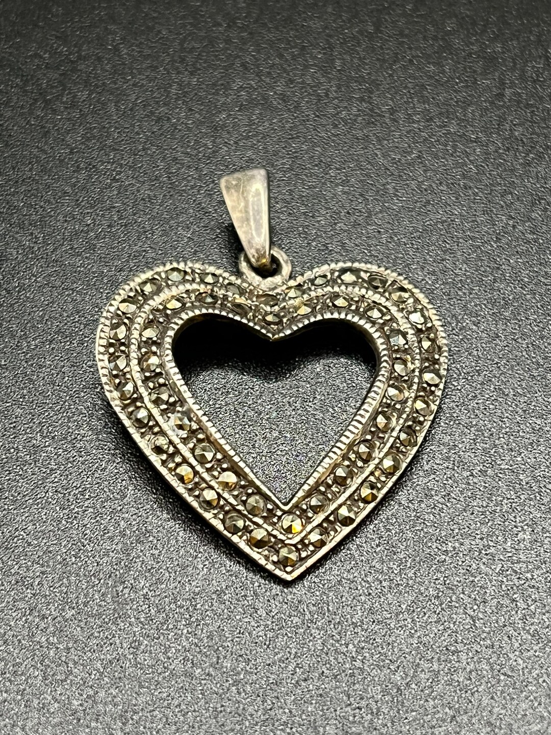 Sterling Silver Marcasite Open Heart Pendant; 925 Marcasite Heart ...