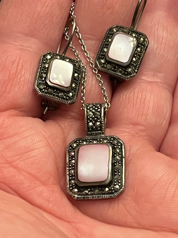 Vintage Sterling Pink MOP and Marcasite Pendant and E… - Gem